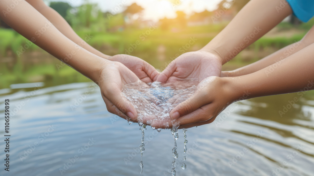 Hands holding clean water in rural setting, symbolizing hope and ...