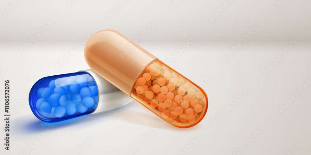 Translucent blue and orange capsules with soft shadows, filled with ...