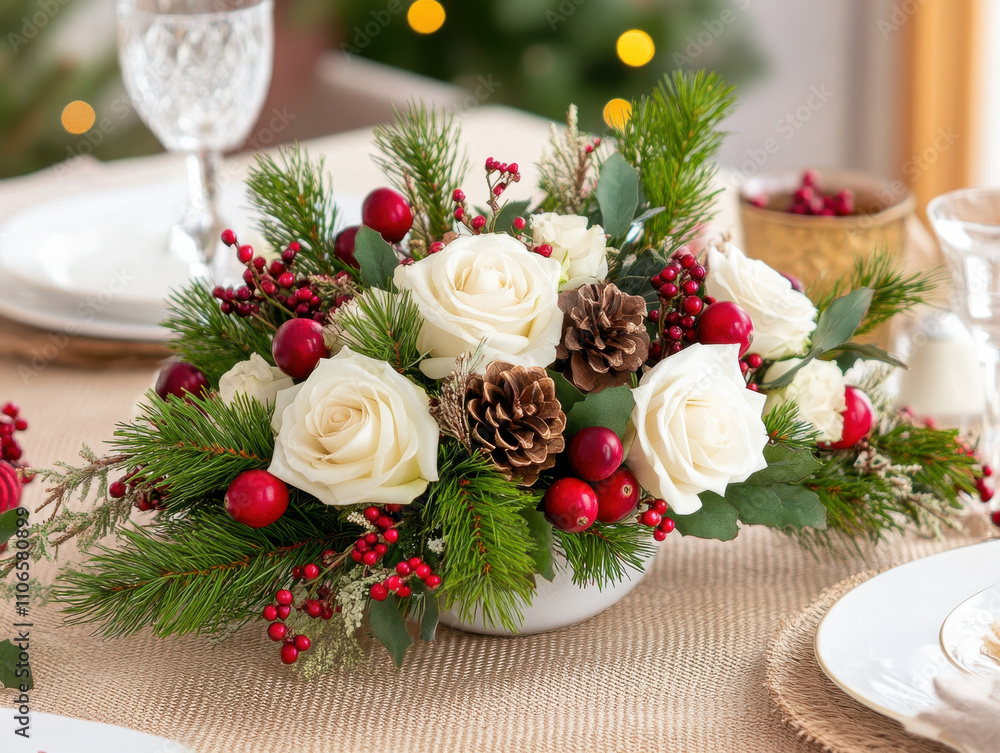 Cozy winter floral arrangement featuring white roses, pine, and ...