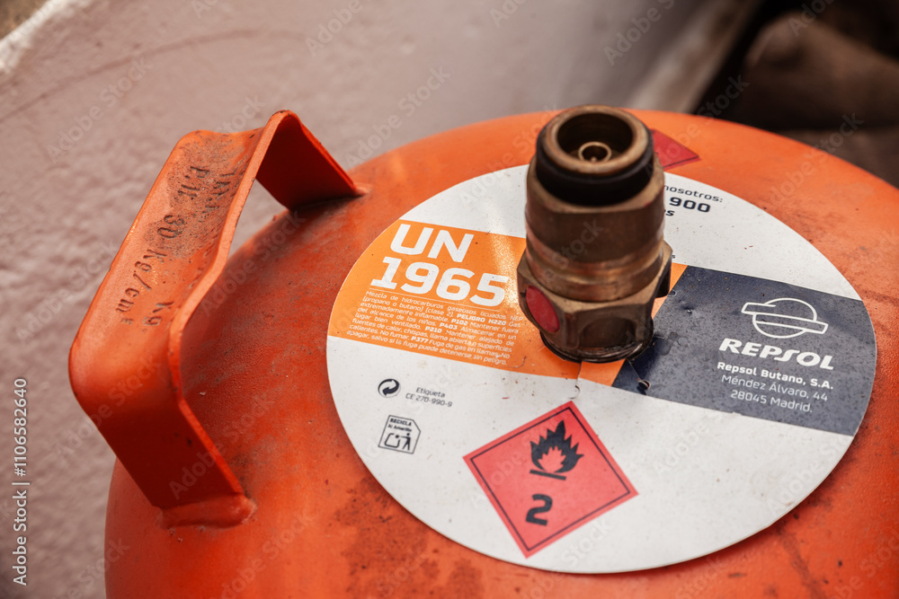 VALENCIA, SPAIN - OCTOBER 13, 2024: close-up of a butane gas canister ...