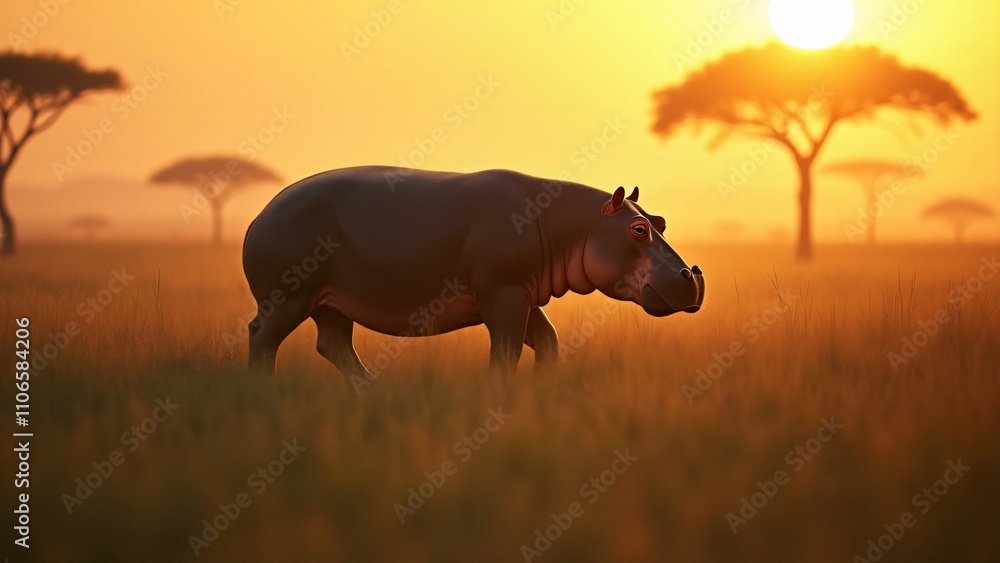 A powerful image of a hippopotamus on land, emphasizing its large ...