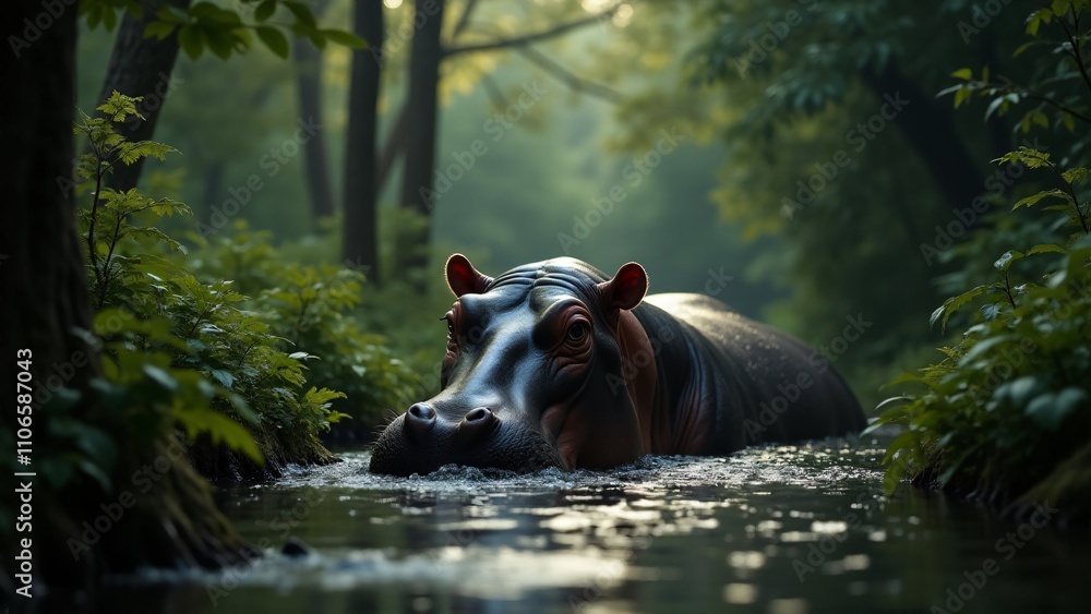 An intriguing image of a hippopotamus in a jungle or forest, showing ...