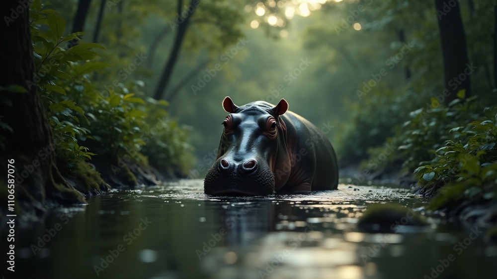An intriguing image of a hippopotamus in a jungle or forest, showing ...