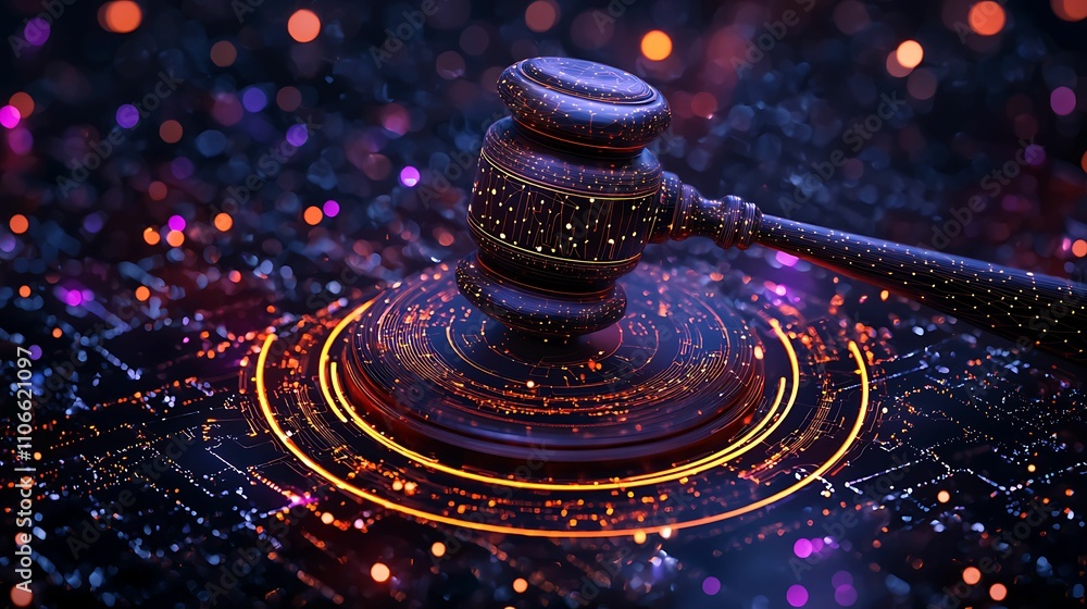 Law restriction framework. A digital gavel surrounded by glowing ...