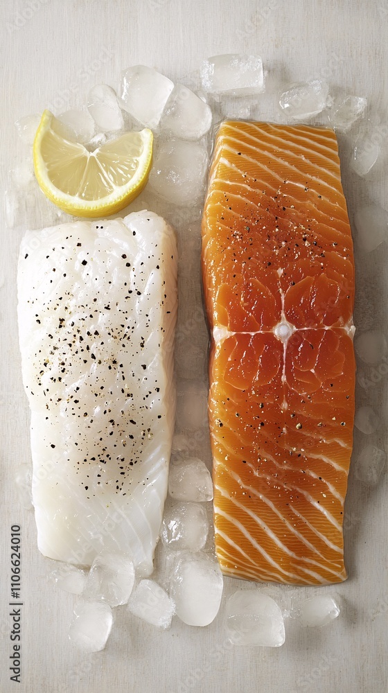 professional photo of fresh raw cod fillet and salmon fillet garnished ...