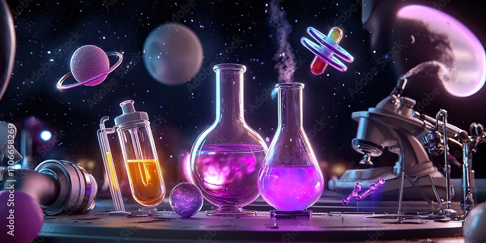 Chemical industry materials concept. A vibrant, cosmic laboratory scene ...