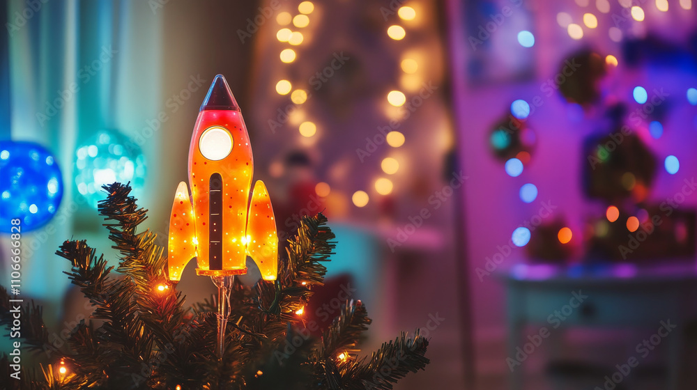 Space-themed Christmas light designs featuring a glowing rocket-shaped ...