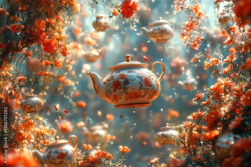 whimsical scene from alice in wonderland with animated teapots and cups ...