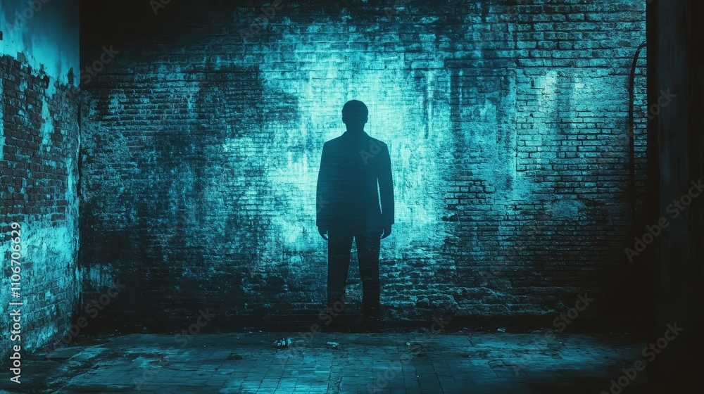 Hologram projected onto a brick wall, creating a vibrant futuristic ...