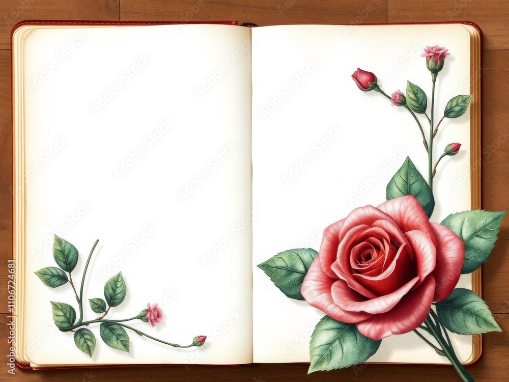 Vintage watercolor rose flower blooming wide paper journal with empty ...