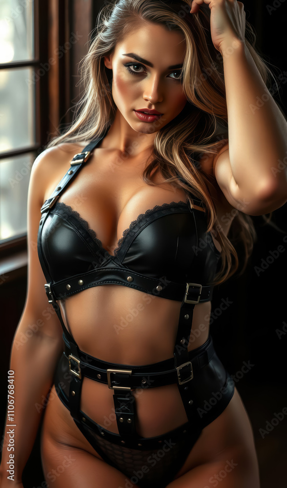 provocative female dressed in black lingerie with bold leather accessories exuding seductive ...