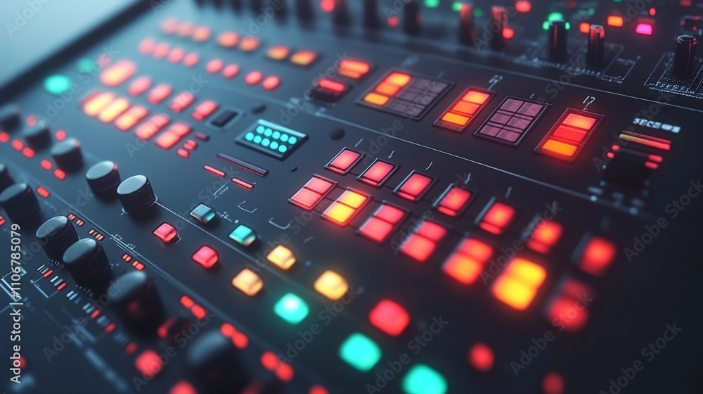 Illuminated soundboard with glowing buttons and vibrant sliders in a ...