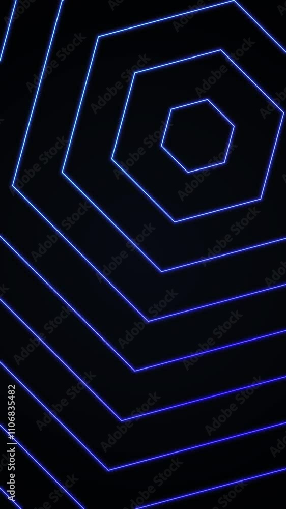 Loop purple blue Neon Hexagon geometric on black background, glow light streak line art grid ...