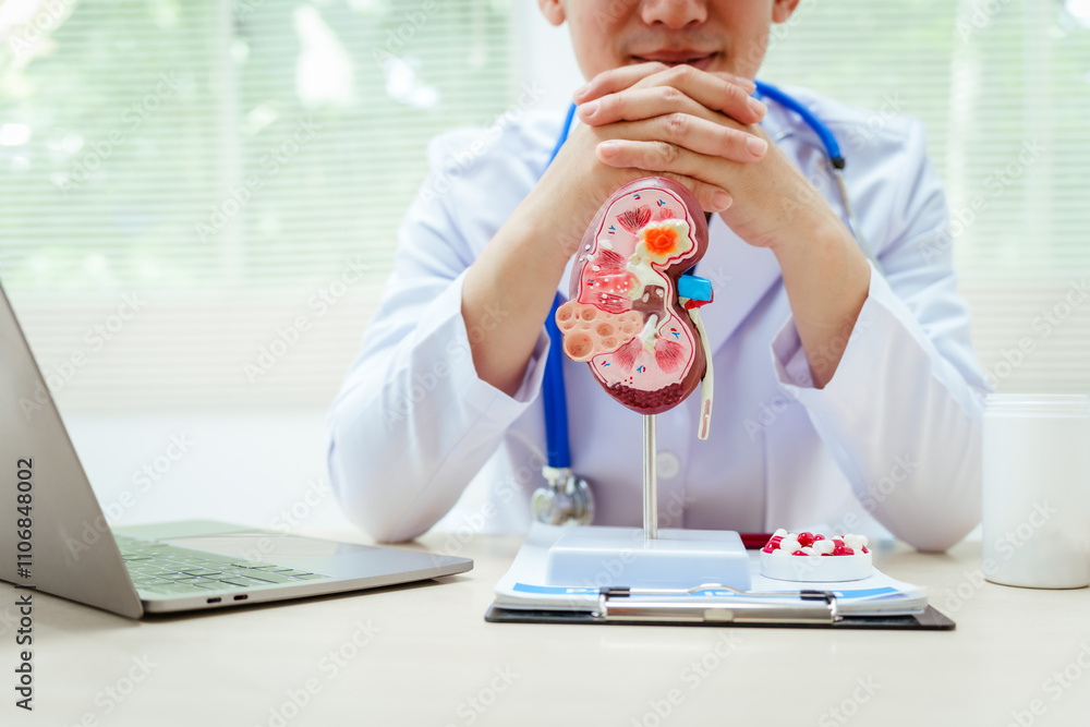 A male doctor sits at a desk in a hospital, explaining kidney models ...