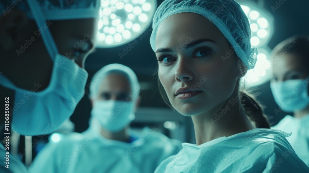 Surgeons and assistants in an operating room, focused and attentive ...