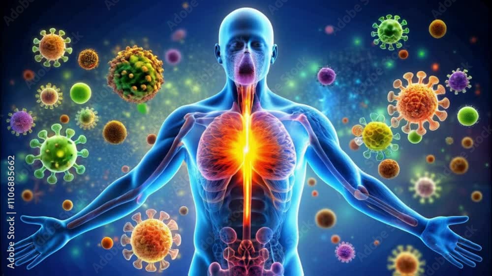 Digital illustration of human anatomy showing viruses affecting the ...