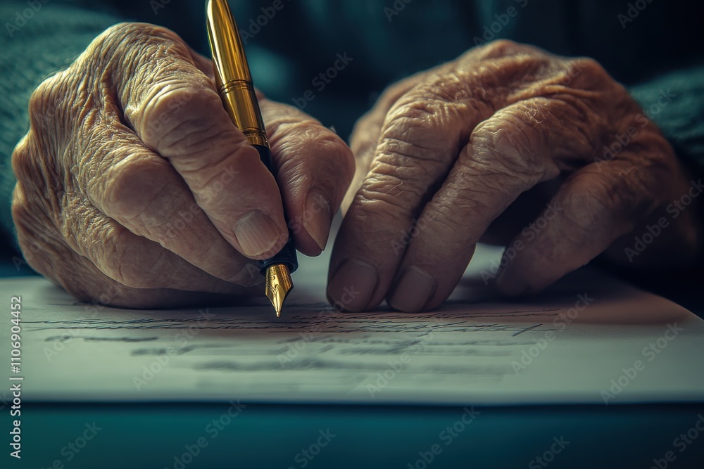 Elderly hands wrinkled skin fountain pen writing document signature ...