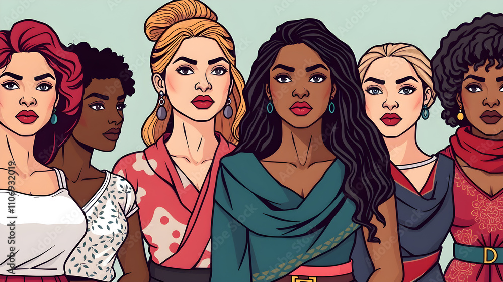 Vector banner. Strong women from different cultures and nations stand ...