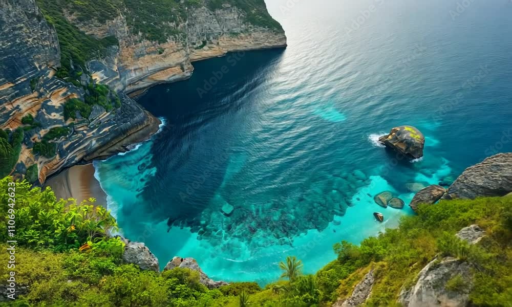 Cliffside view of a deep blue ocean cove with lush green vegetation ...