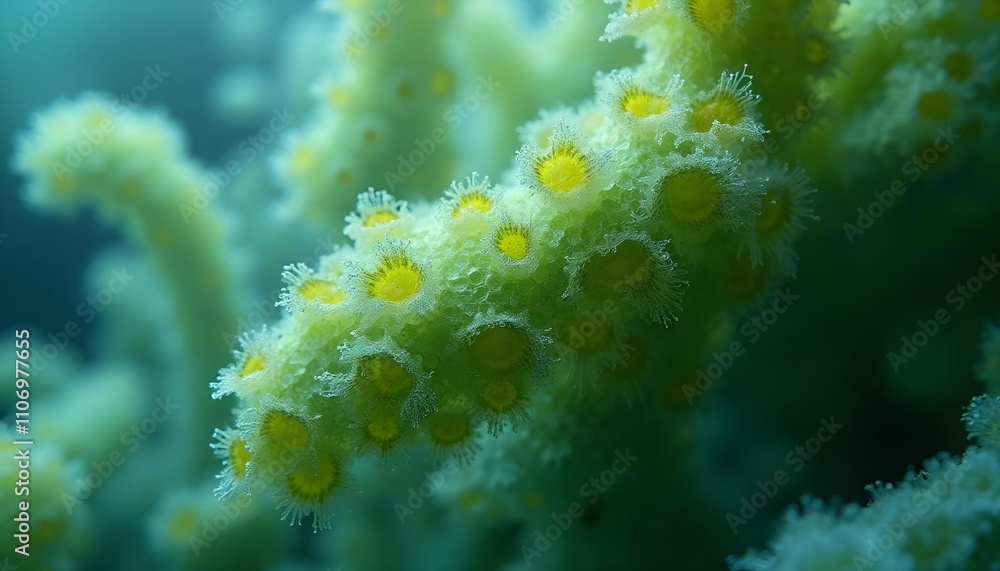 Microscopic view of green algae or bacteria, complex patterns and ...