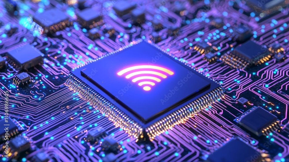 Glowing Wifi 7 Circuit Patterns in Abstract 3D Render with Deep Purple ...