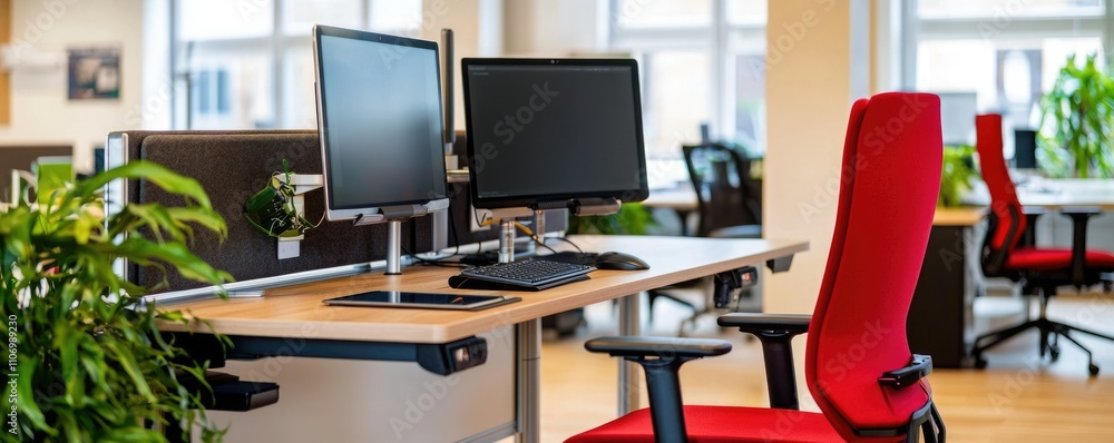 A modern office workspace featuring dual monitors, a sleek desk, a red ...