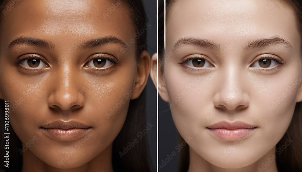 Image is a split-screen comparison showcasing a close-up view of skin ...