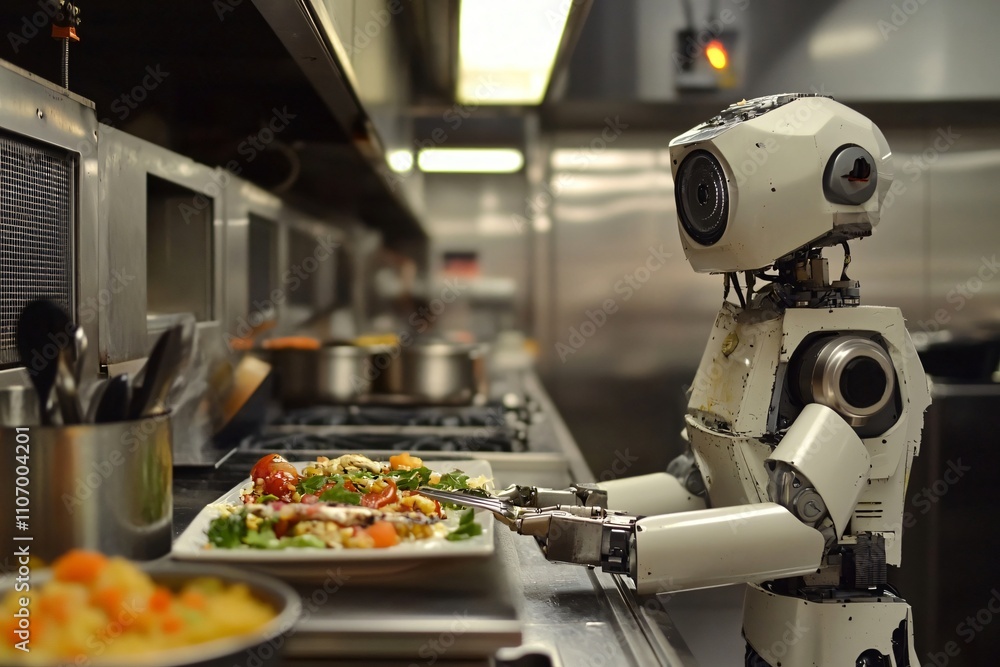 Humanoid robot preparing a healthy meal in a modern restaurant kitchen ...