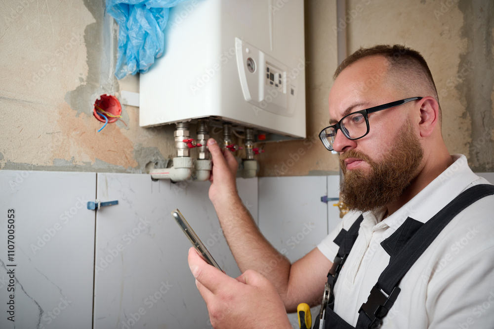 Plumber Install a Boiler. Professional engineer installing gas boiler ...