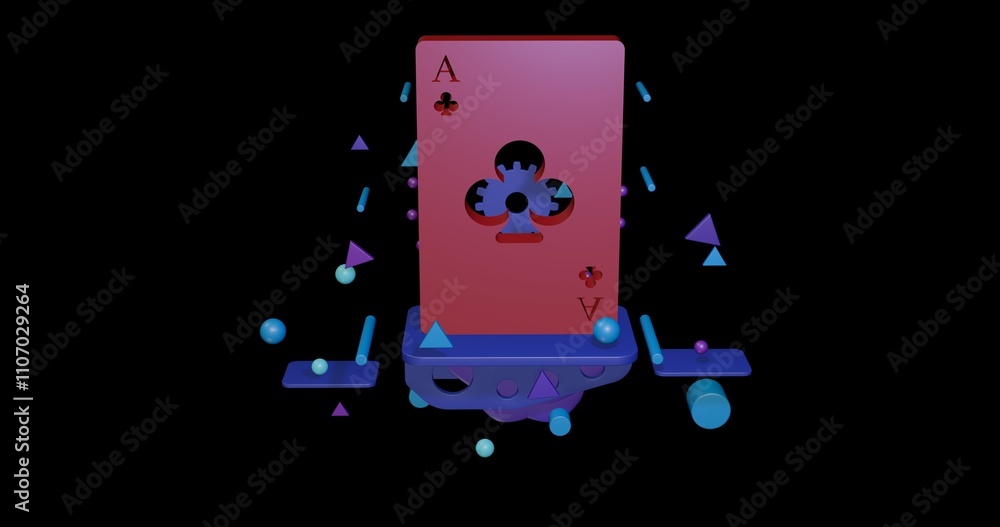 Red ace of clubs card on a pedestal of abstract geometric shapes ...