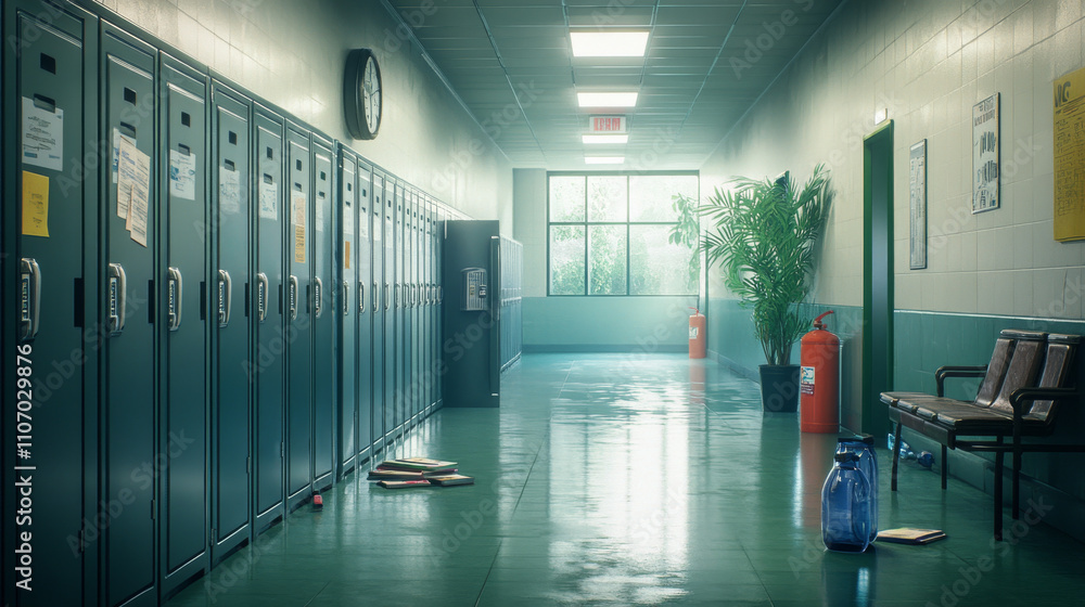 Empty school corridor with closed and open locker with student books ...