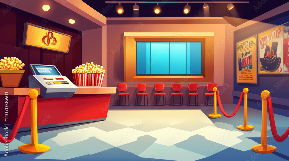 Cinema interior with cashbox and counter with popcorn. Vector cartoon ...