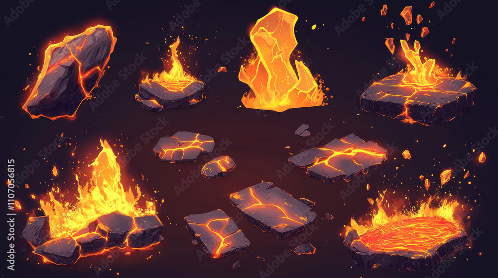 Fire and lava game effect. Magma and rock cartoon ui 2d set. Magic ...