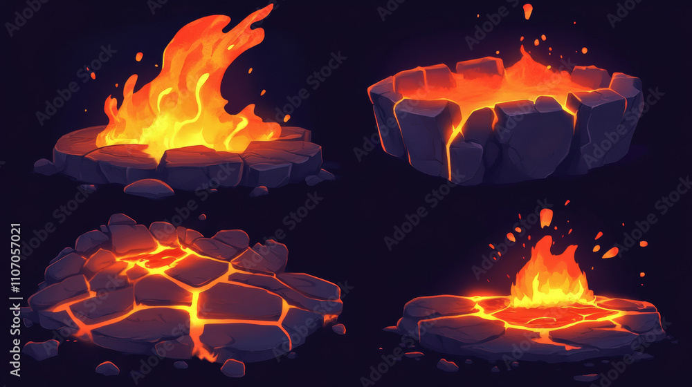 Fire and lava game effect. Magma and rock cartoon ui 2d set. Magic ...