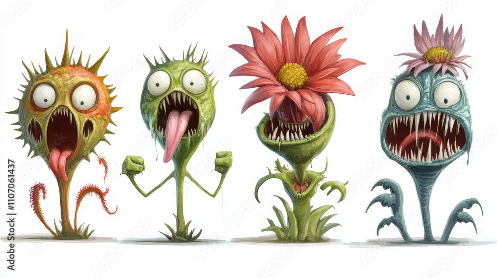 Scary monster plants with head flowers. Cartoon vector illustration set ...