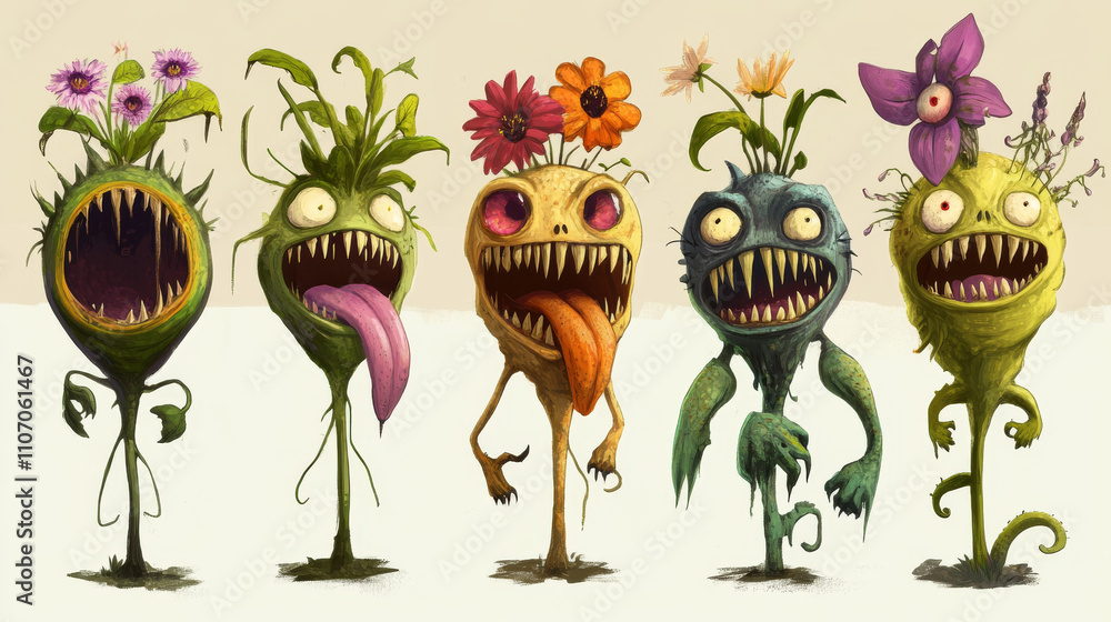 Scary monster plants with head flowers. Cartoon vector illustration set ...