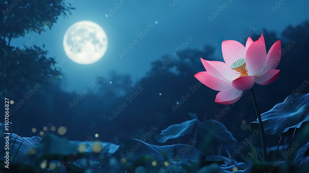 Pink lotus flower blooms under a full moon at night. Stock Illustration ...