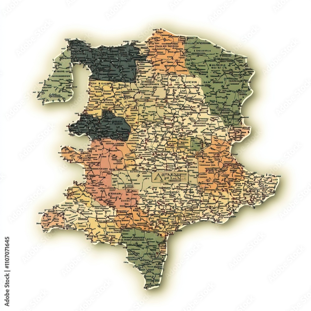 Vintage map of a region, with colored sections and detailed markings ...