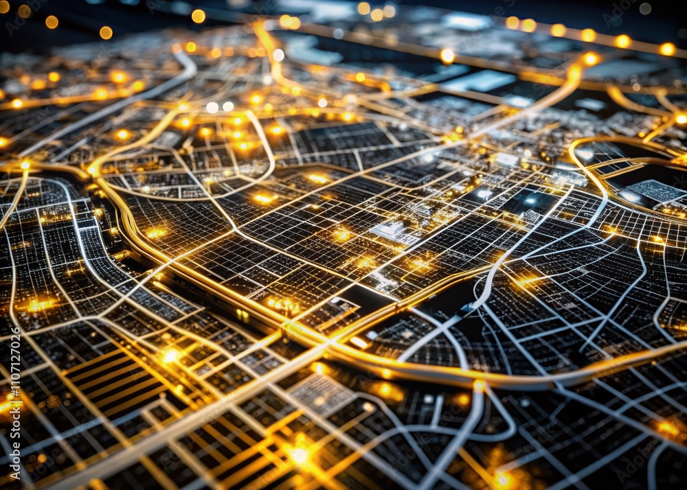 Stunning Night Photography of City Map AutoCAD Drawing in Black and ...