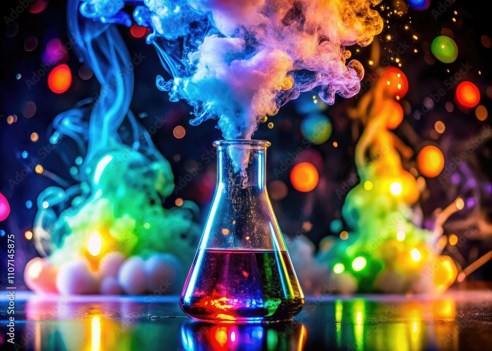 A vibrant chemical reaction in a beaker creates an enchanting display ...