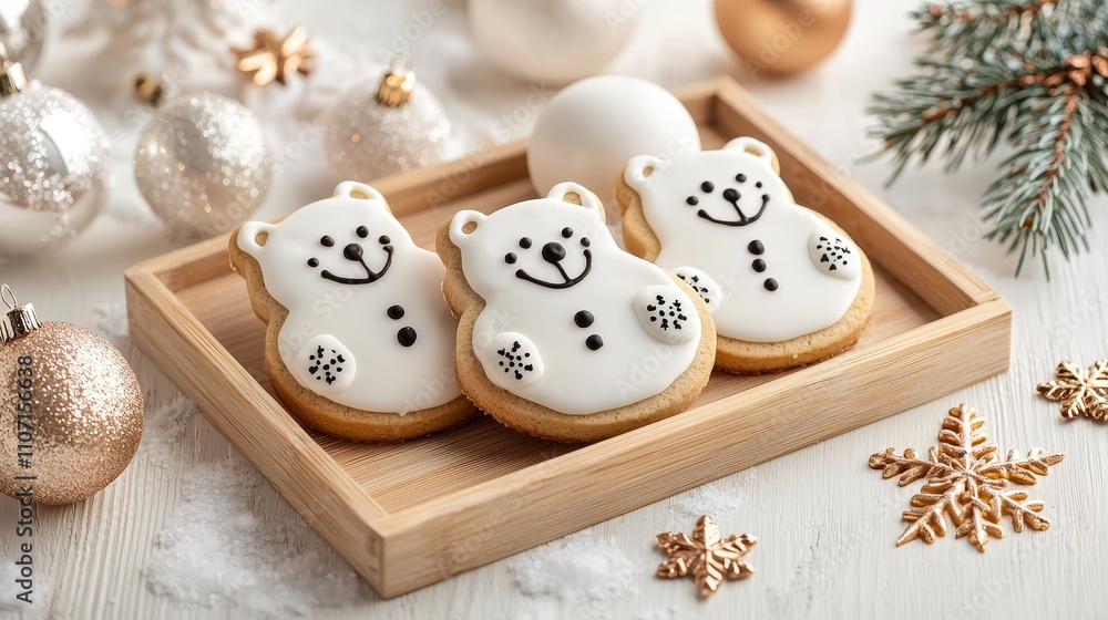 Homemade polar bear cookies with glossy white icing, cute black candy ...