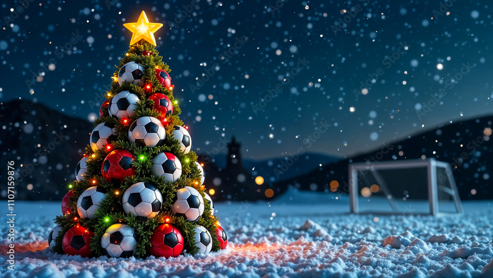Creative Soccer Ball Christmas Tree with Copy Space on Snowy Field at ...