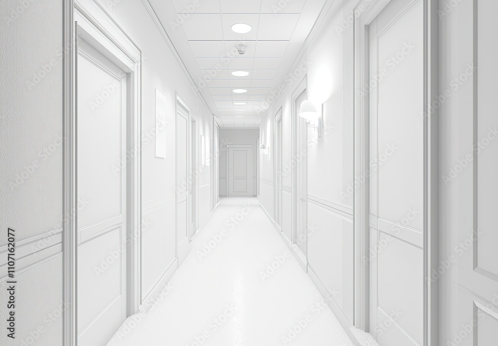 Abstract white corridor with doors and lights, a minimalistic interior ...