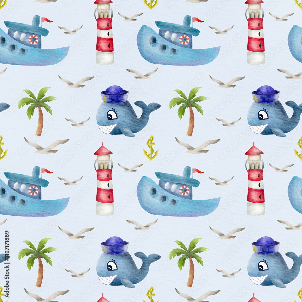 sea pattern, whale, jellyfish, crab, sea bottom, marine inhabitants ...