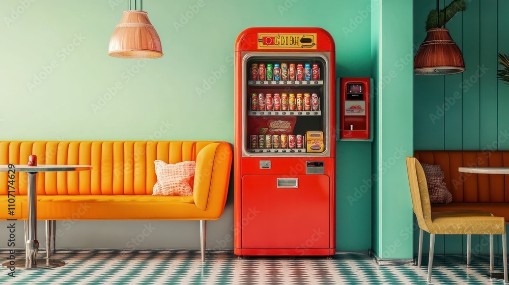 Retro vending machine with bold, nostalgic colors, selling classic ...
