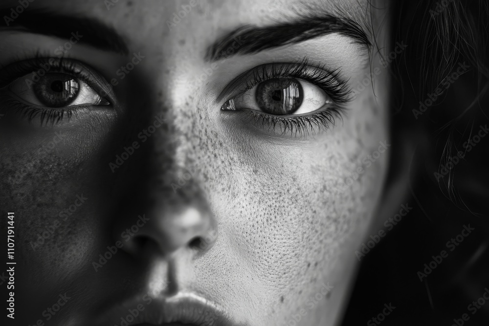 A captivating close-up of a freckled woman showcasing her expressive ...