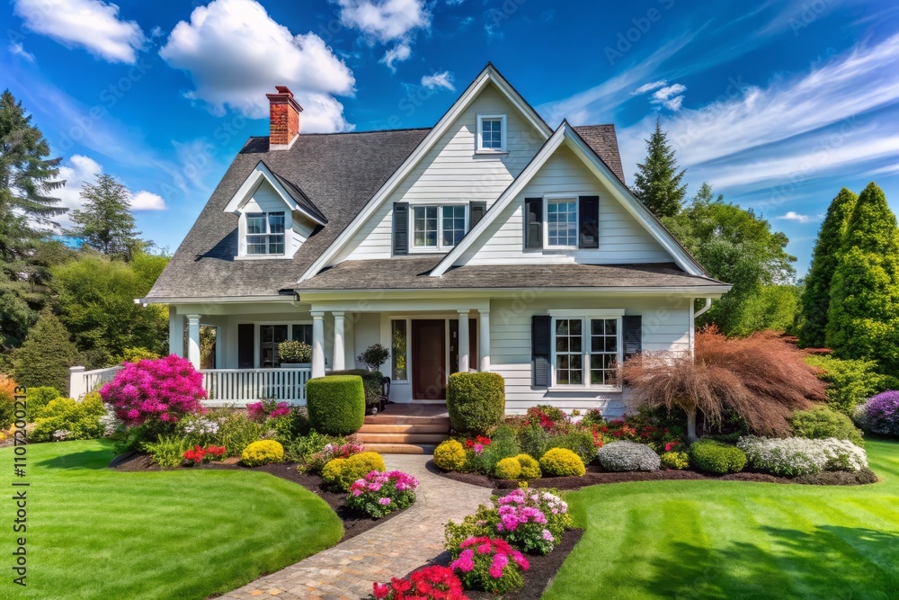 Charming White Family House with Black Pitched Roof Tiles and Lush ...
