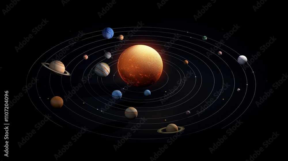 Colorful planets and glowing stars in dark space 3d rendering image ...