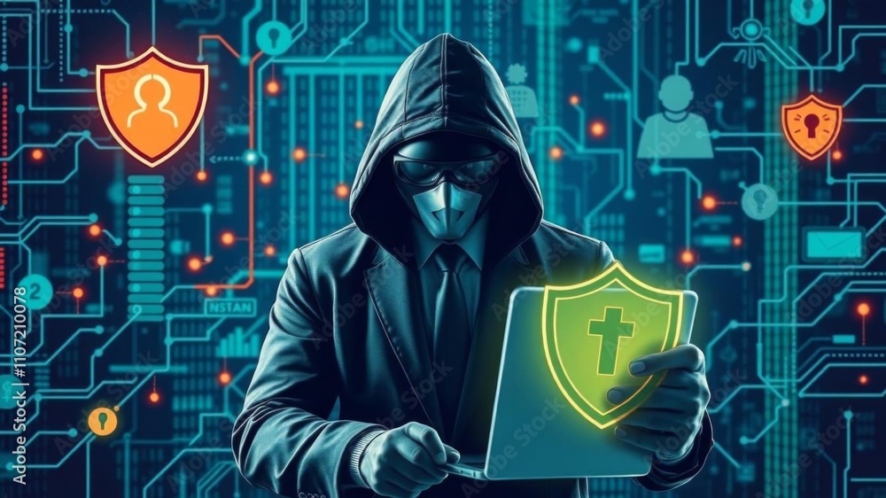 A futuristic digital shield with binary code patterns, protecting against cybercrime and ...