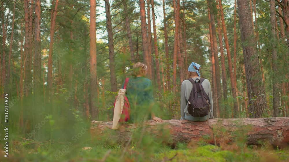 Two hikers with backpacks rest on fallen tree in lush forest, one ...